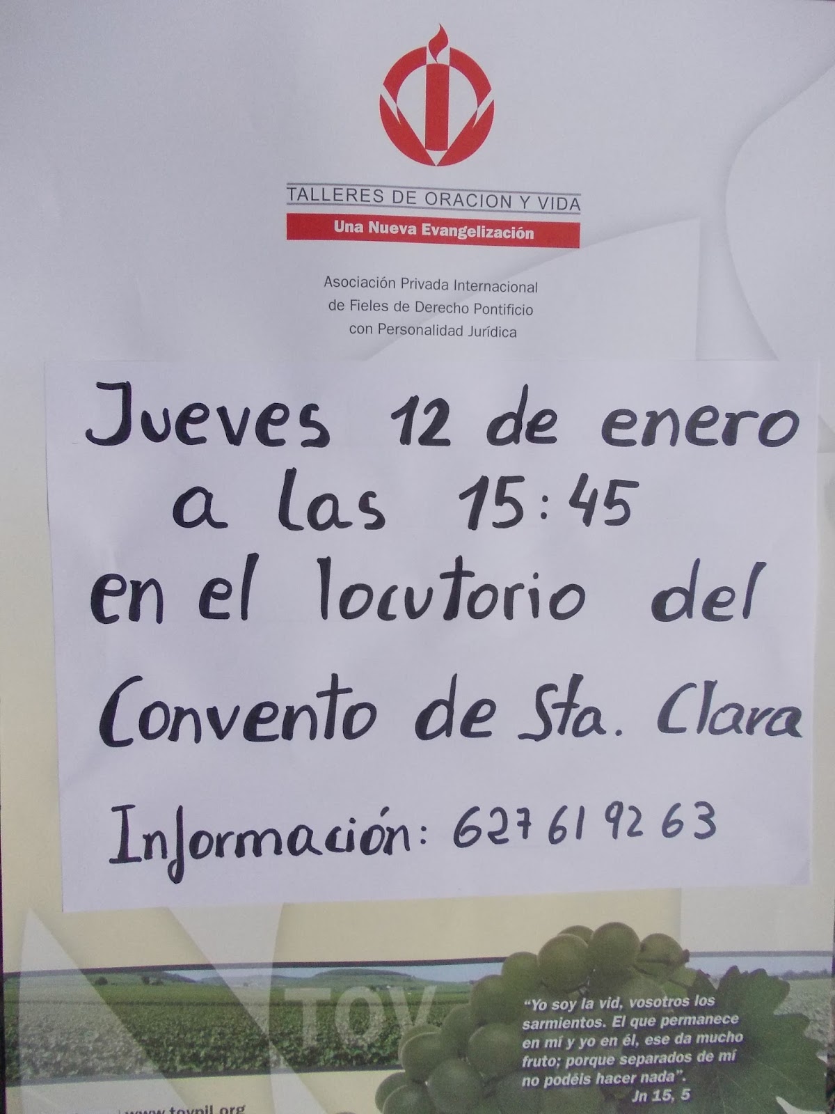El próximo jueves 12 de Enero comienzan los talleres de Oración y Vida ...